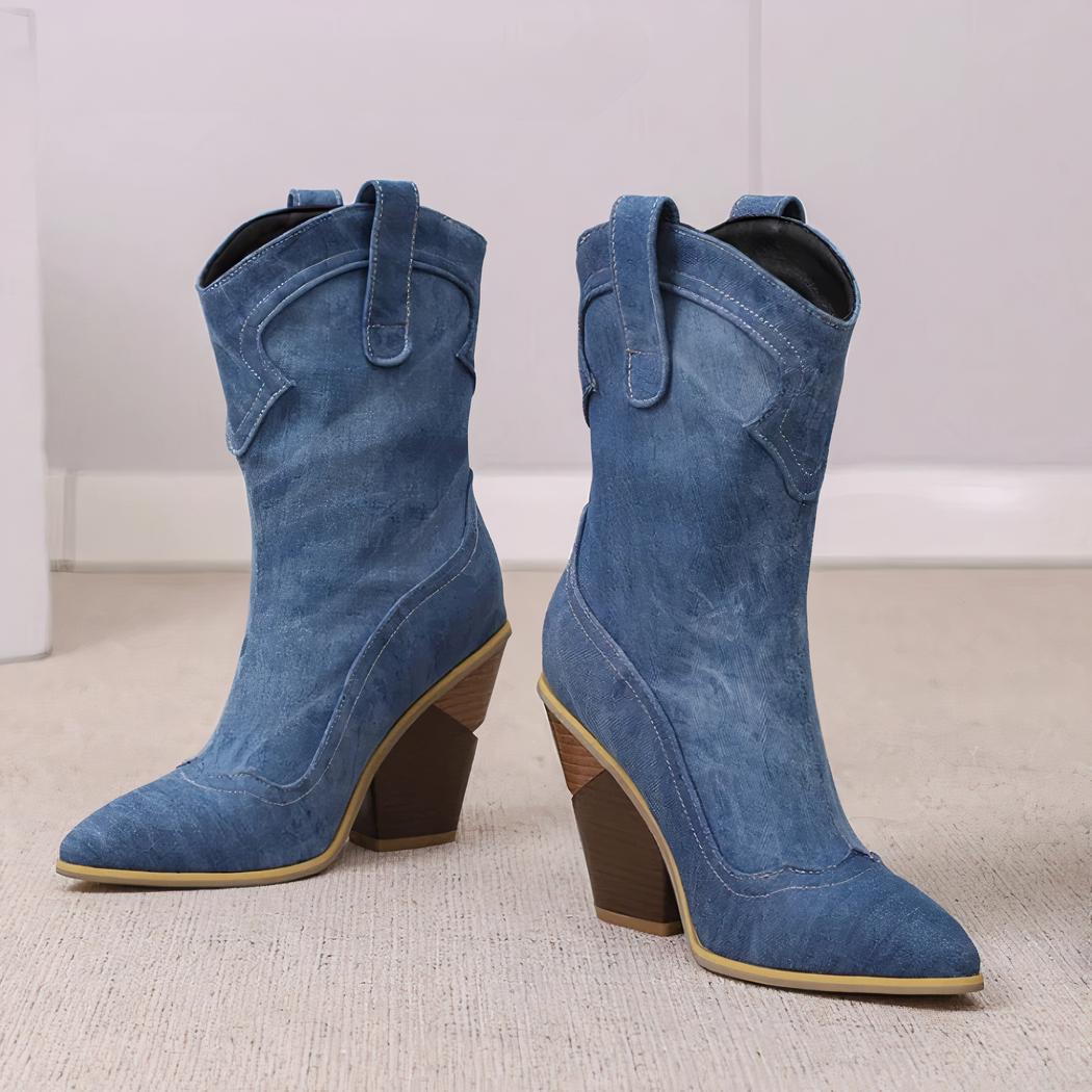 Santiag bleu en denim style bottine à talon haut • Ma Santiag