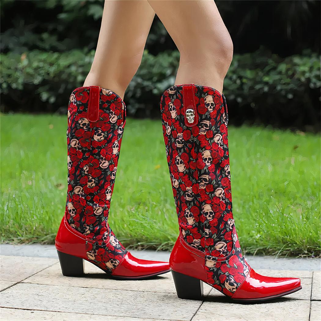 Santiag rouge à talon style gothique à motifs • Ma Santiag